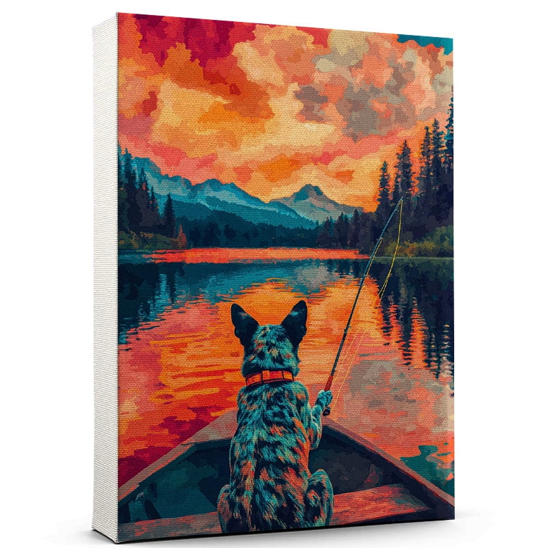 Australian Cattle Dog Fishing Art Stretched Canvas Size 8x12 ...