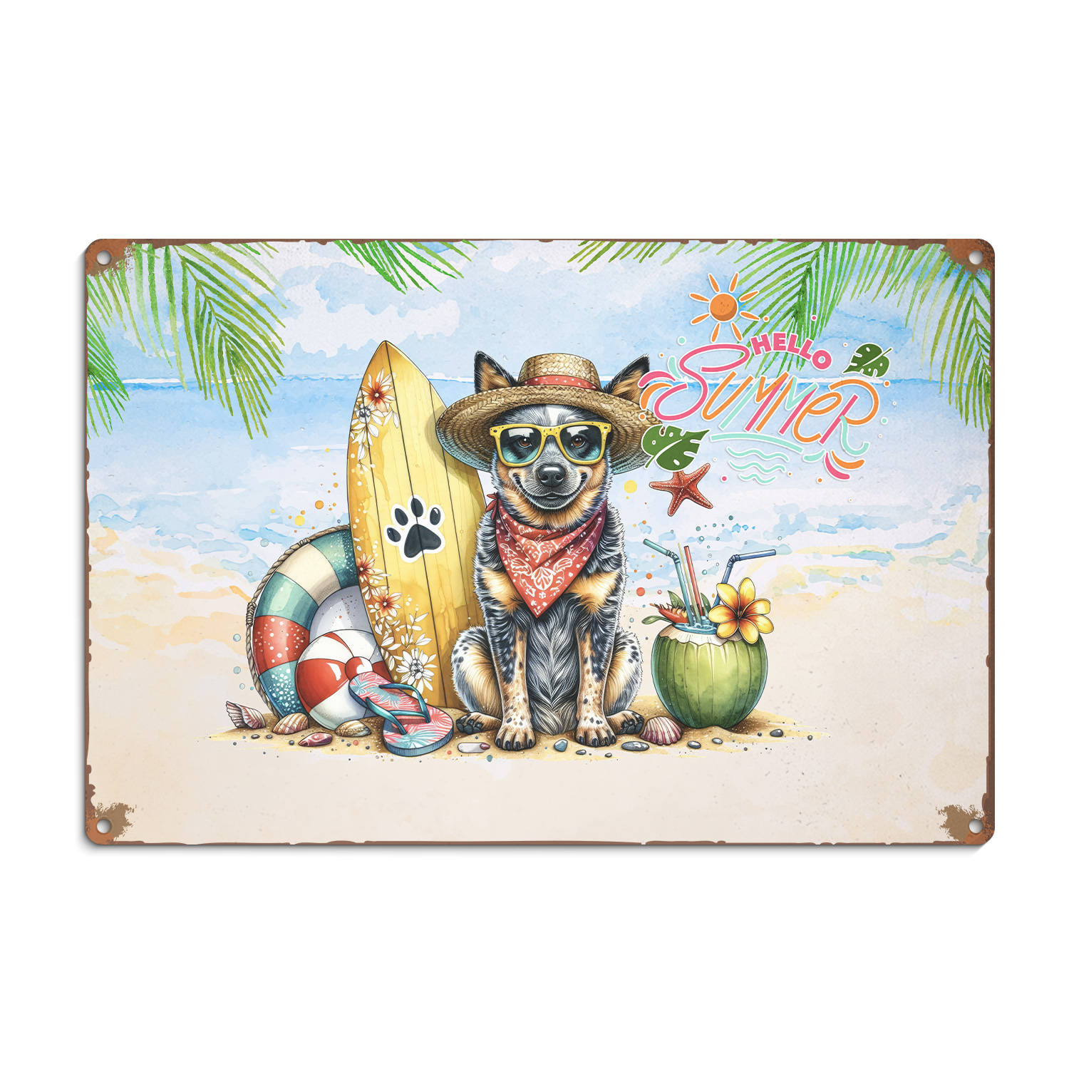 Australian Cattle Dog Hello Summer with Sunglasses and Surfboard ...