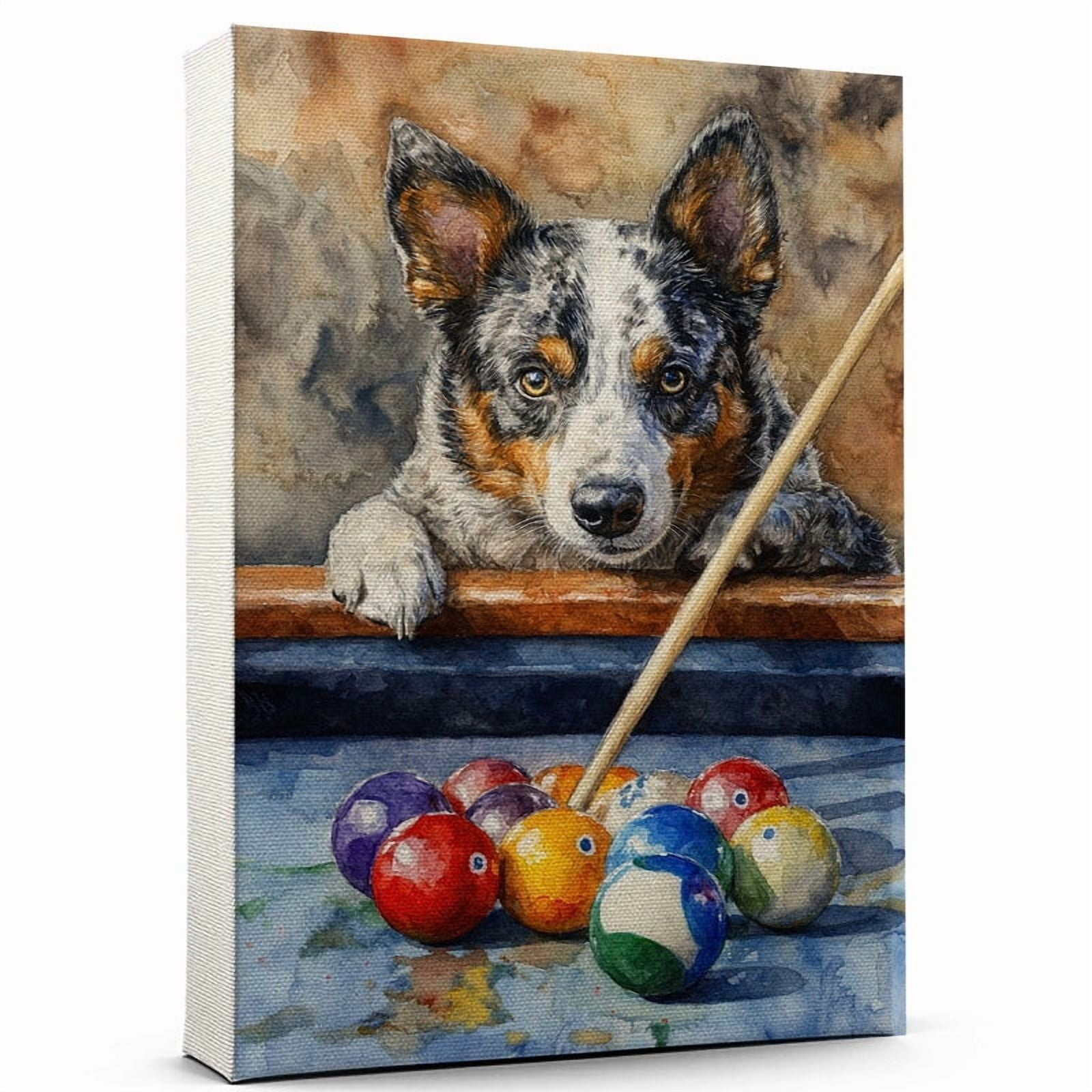 Australian Cattle Dog Playing Billiards Wall Stretched Canvas Size 8x12 ...