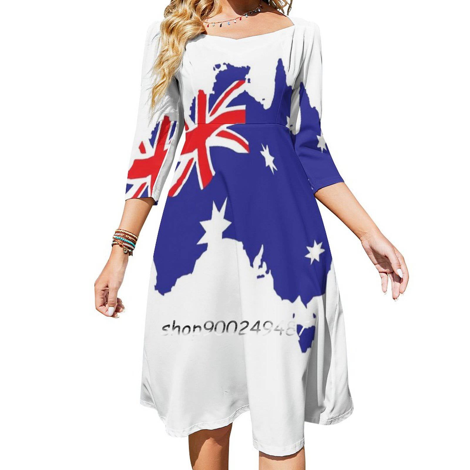 Australian Flag Sweet Elegant Dress Women Korean Kawaii Square Collar ...