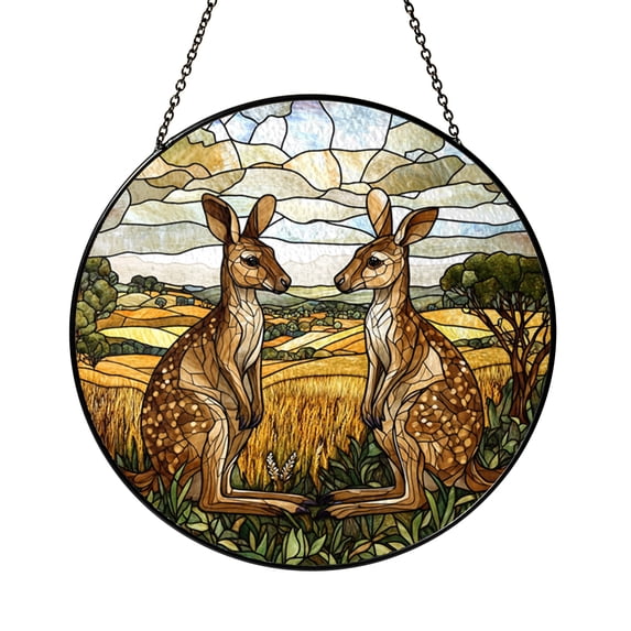 Australian Kangaroo Duo Stained Glass Suncatcher, Round Window Hanging ...
