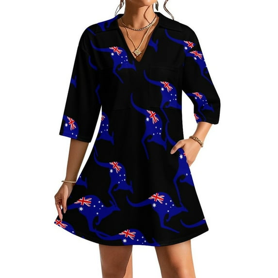 Australian Kangaroo Flag Blue Womens Dress With Pockets Summer V Neck 3 ...