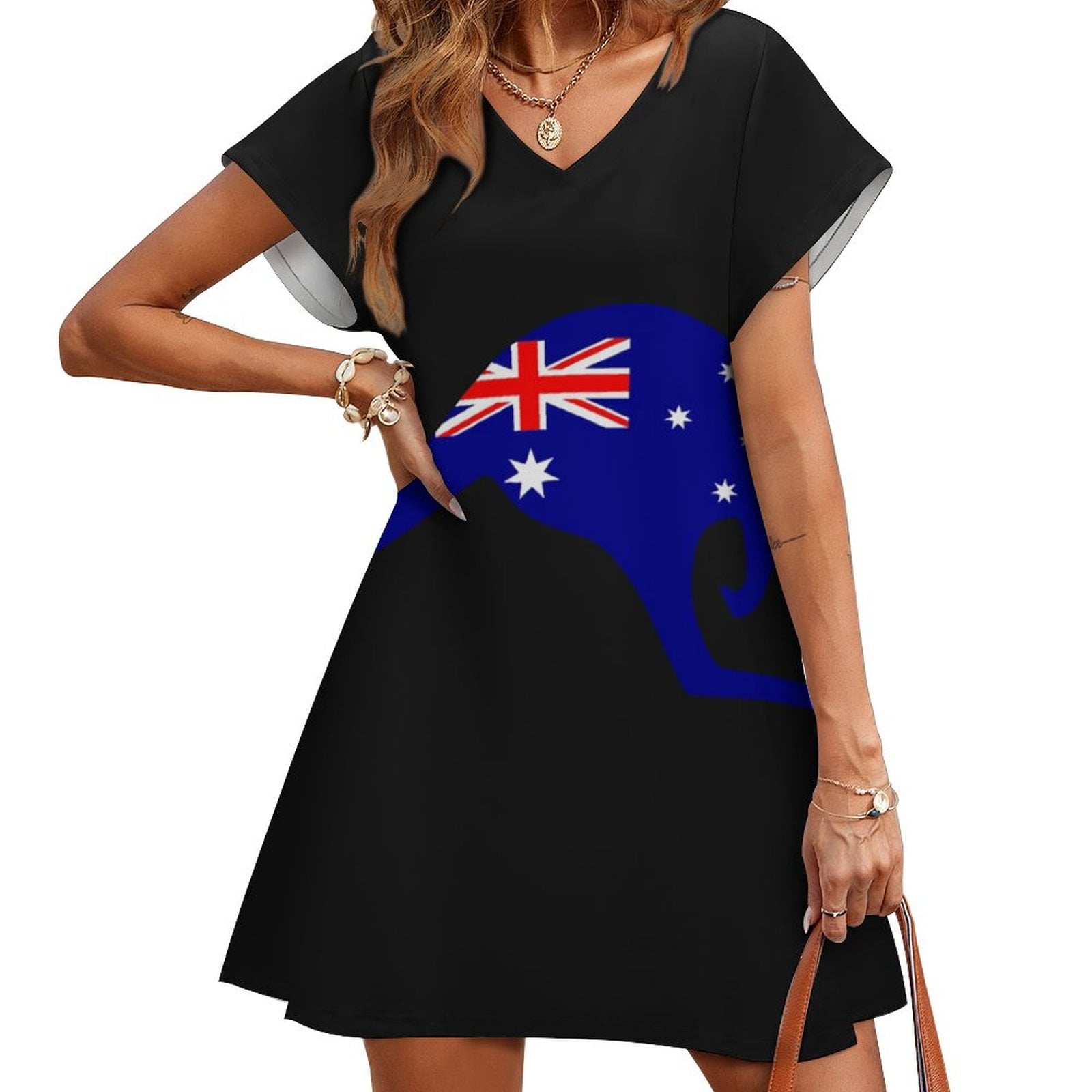 Australian Kangaroo Flag Ladies Summer Short Sleeve Fashion Dress V ...