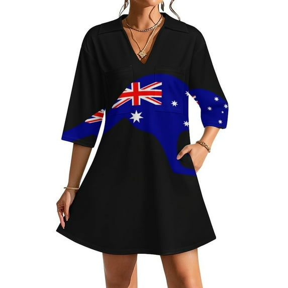 Australian Kangaroo Flag Womens Dress With Pockets Summer V Neck 3/4 ...