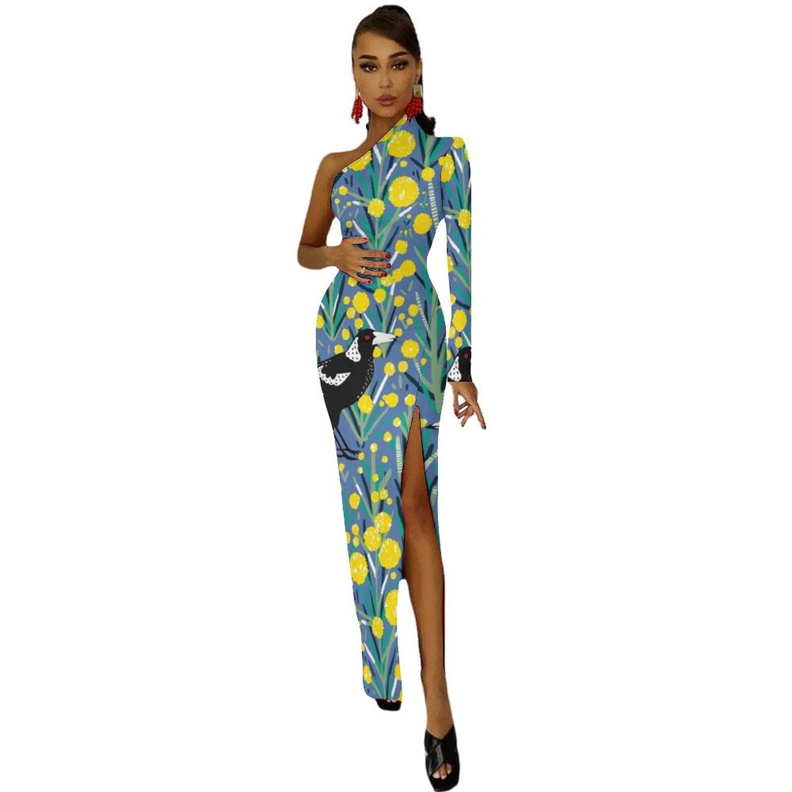 Australian Magpie in wattle garden Half Dleeve Split Dress purple dress ...