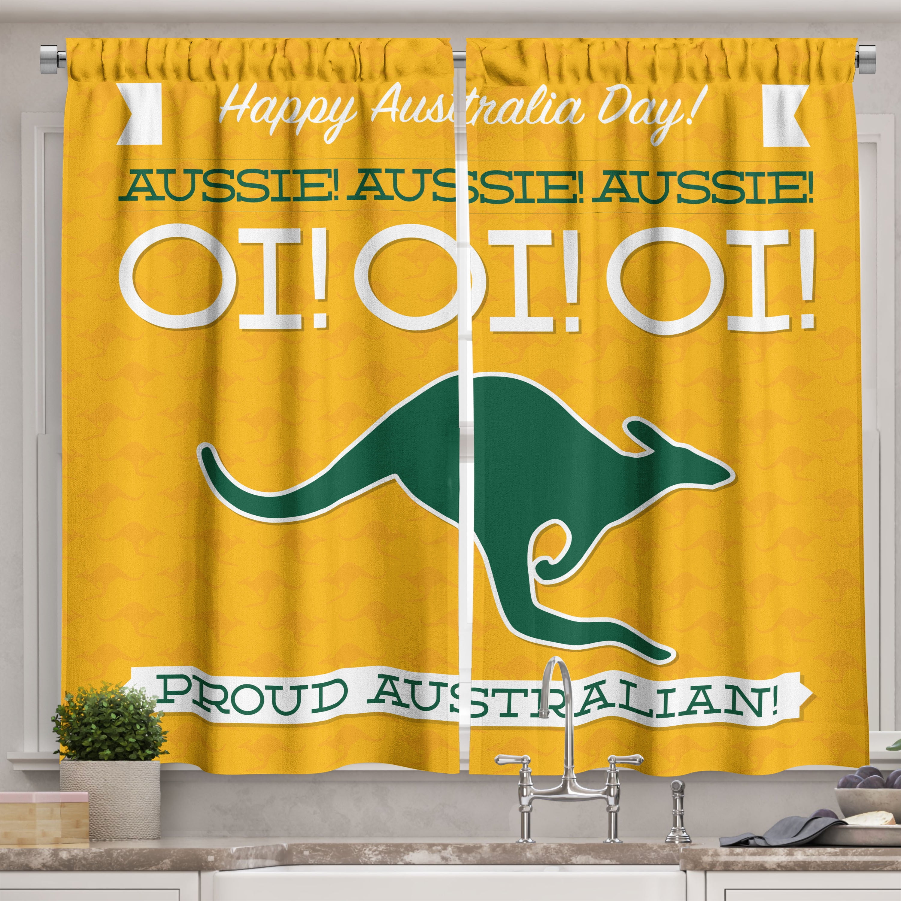 Australian Party Kitchen Curtains, Aussie Day Typography with Kangaroo ...