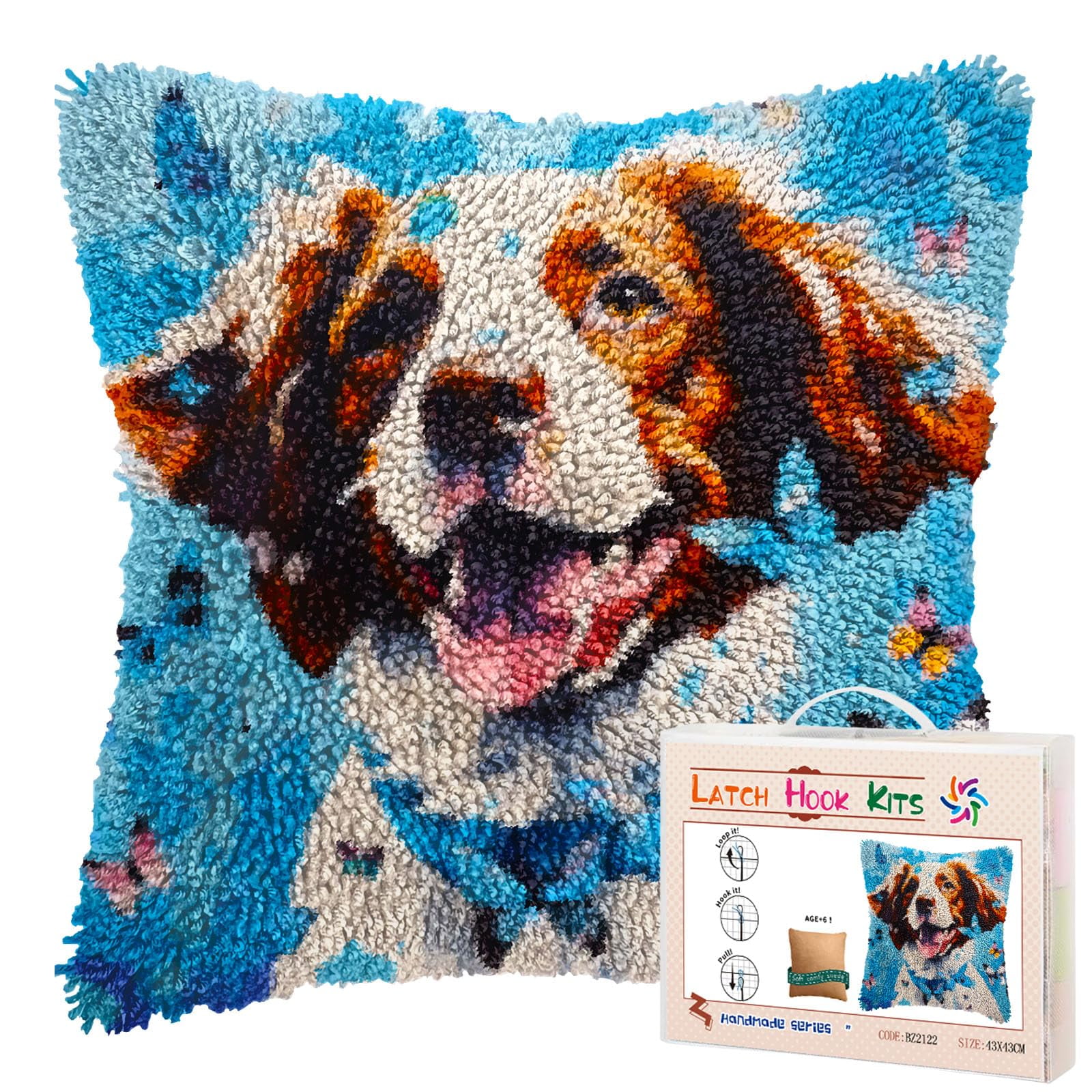 Australian Shepherd Dog in Butterflies DIY Latch Hook Pillow Kits for Adults Printed Pillowcase ...