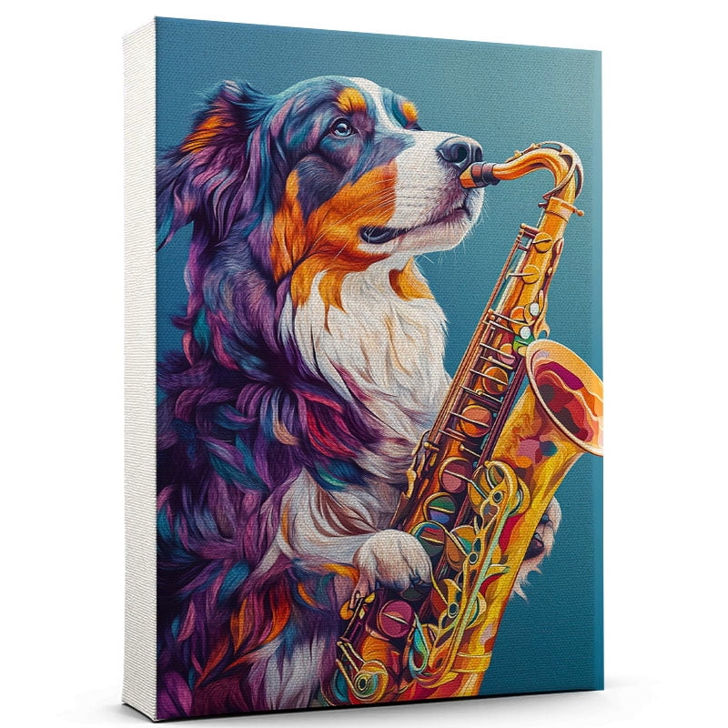 Australian Shepherd Dog Playing Saxophone Stretched Canvas Size 8x12 ...