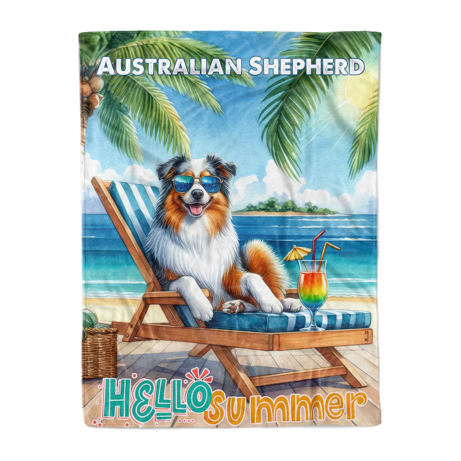 Australian Shepherd Hello Summer Beach Theme with Sunglasses and ...