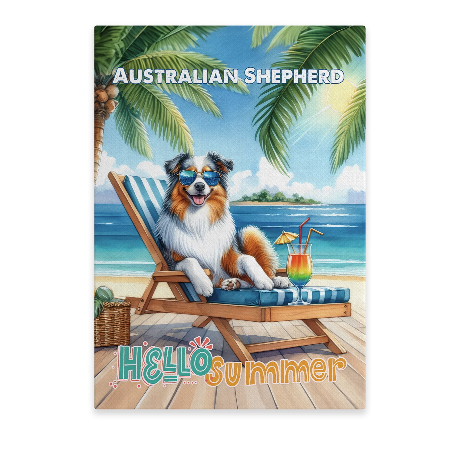 Australian Shepherd Hello Summer Beach Theme with Sunglasses and ...