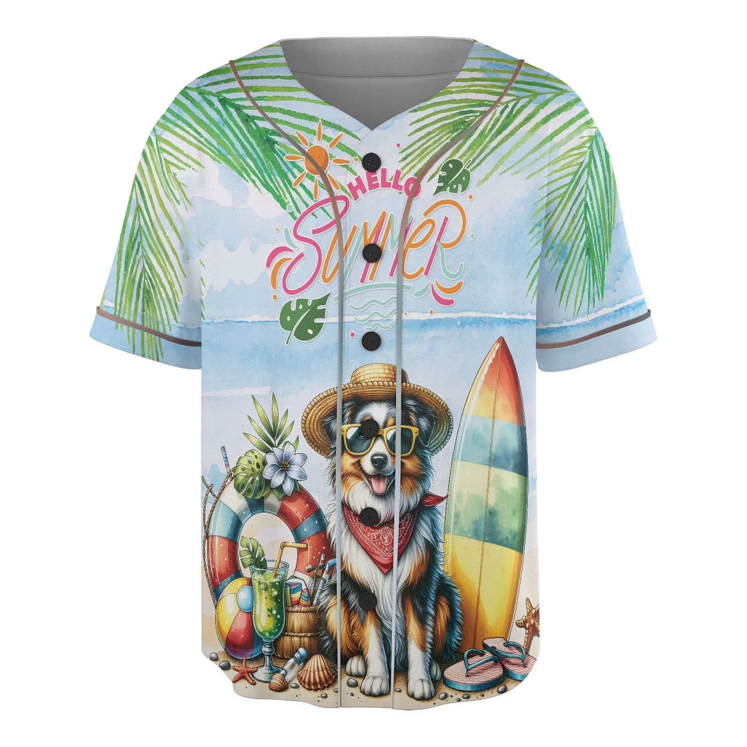Australian Shepherd Hello Summer with Sunglasses and Surfboard Tropical ...