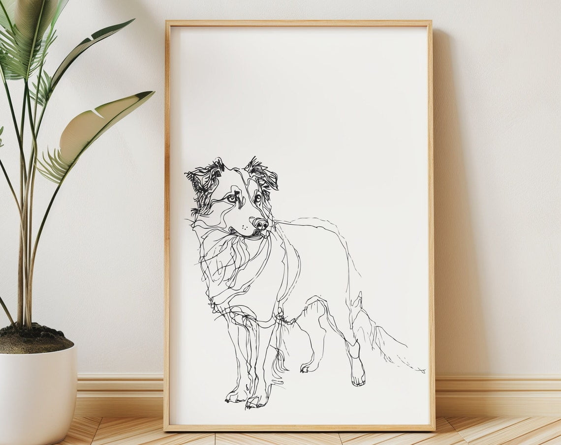 Australian Shepherd Wall Art Print, Minimal Line Drawing Poster, Ugly ...