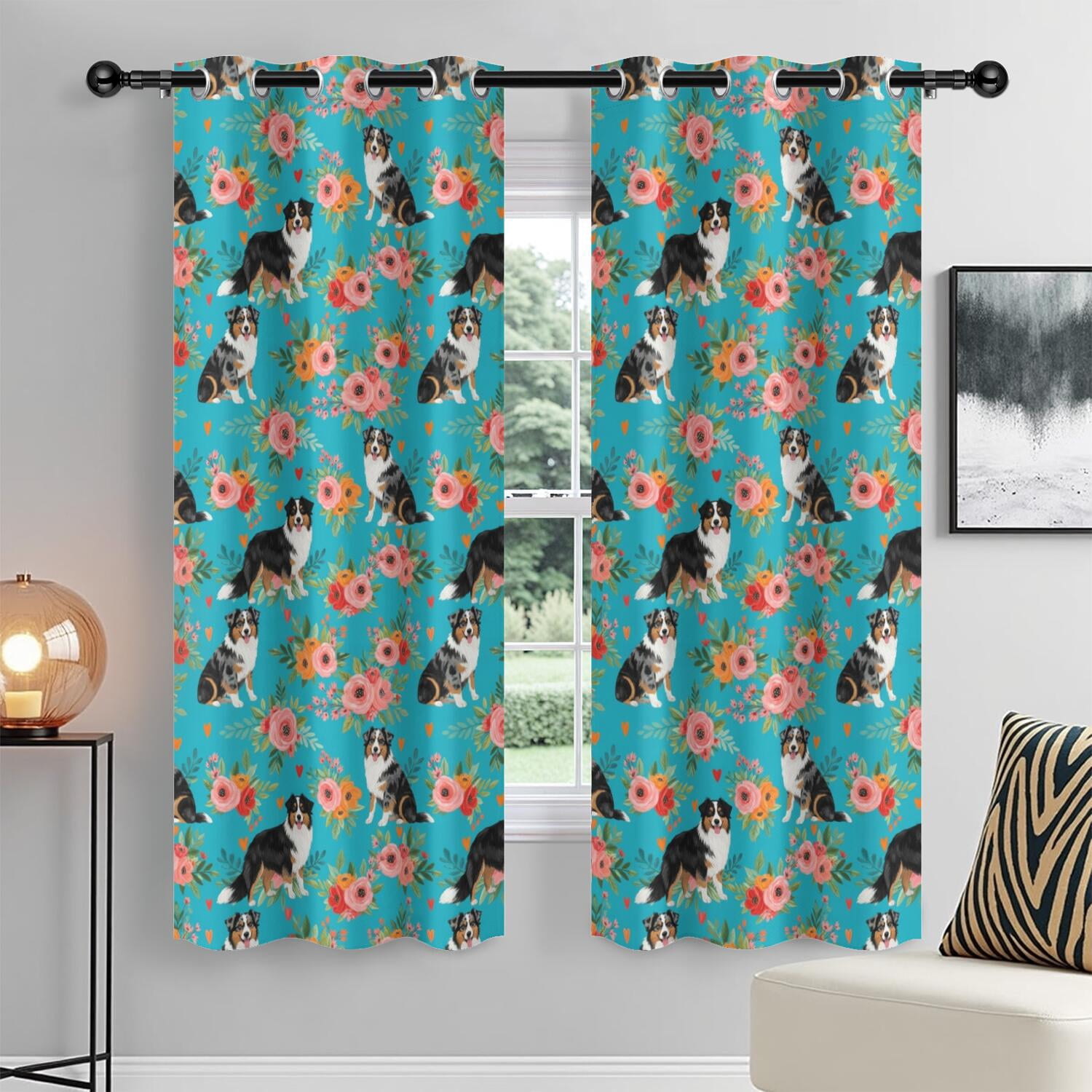 Australian Shepherd and Floral Blackout Curtains,Triple Weaved Fabric ...