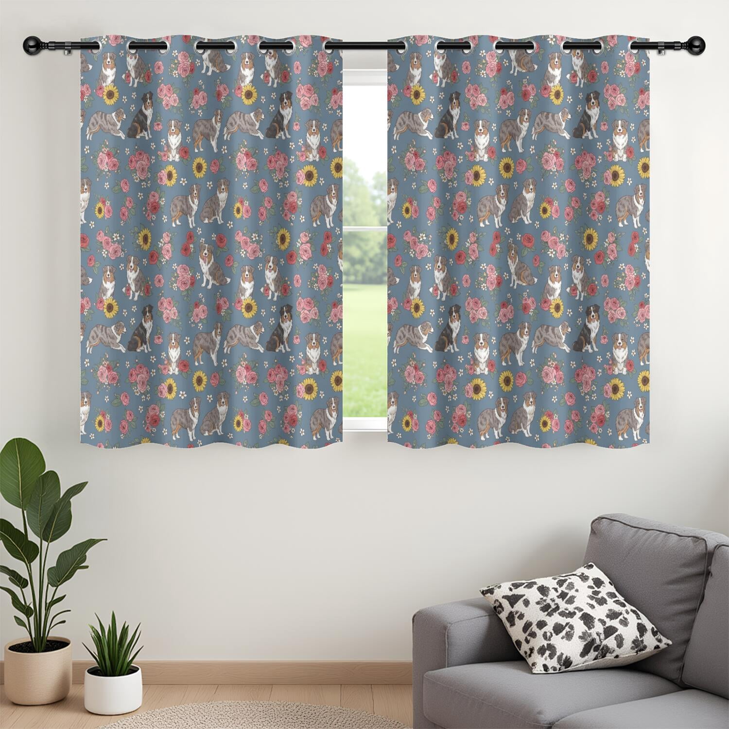 Australian Shepherd and Floral Blackout Curtains,Triple Weaved Fabric ...