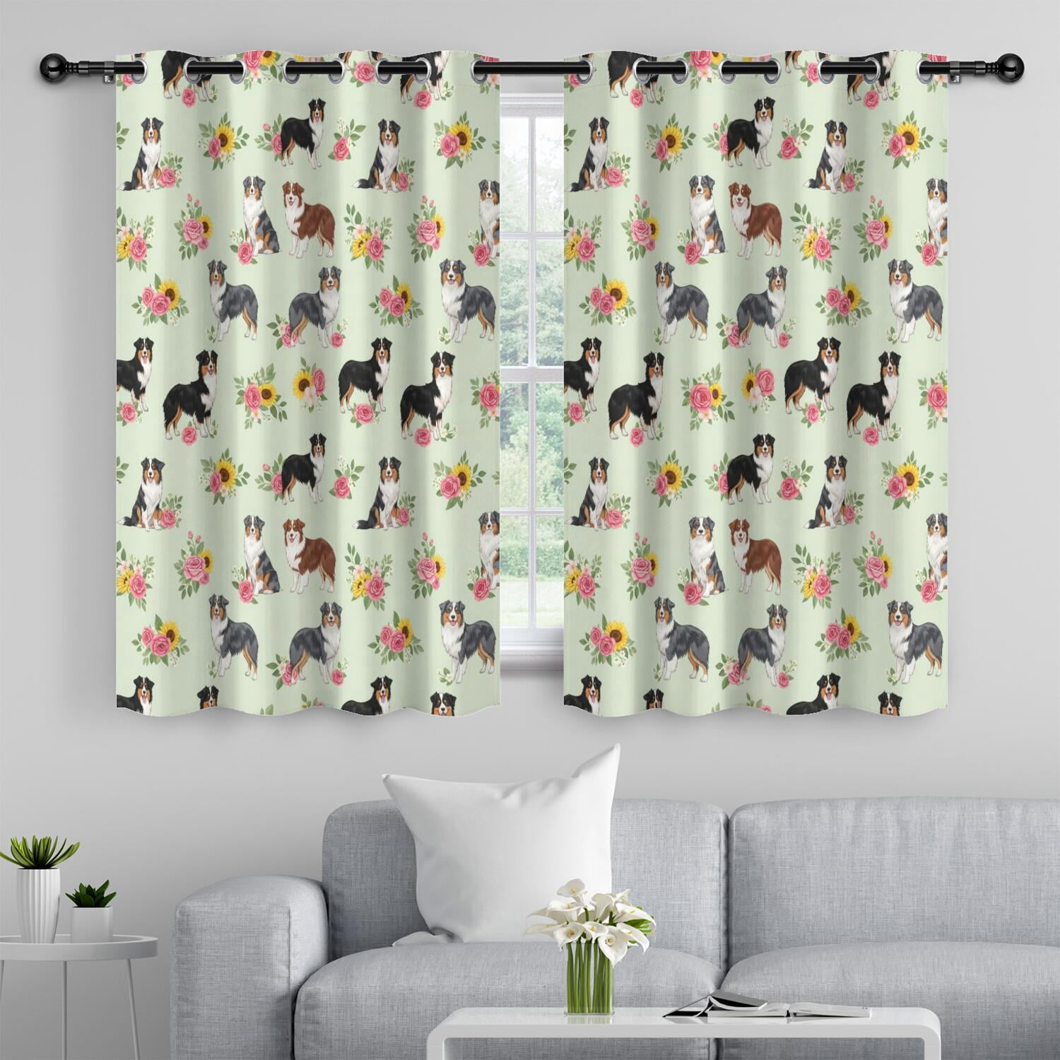 Australian Shepherd and Floral Blackout Curtains,Triple Weaved Fabric ...