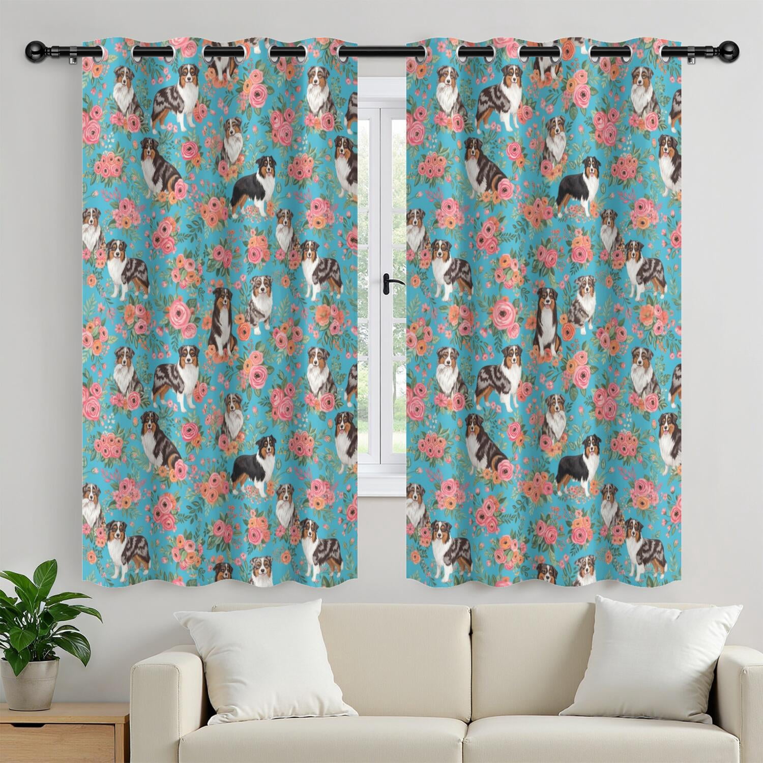 Australian Shepherd and Floral Blackout Curtains,Triple Weaved Fabric ...