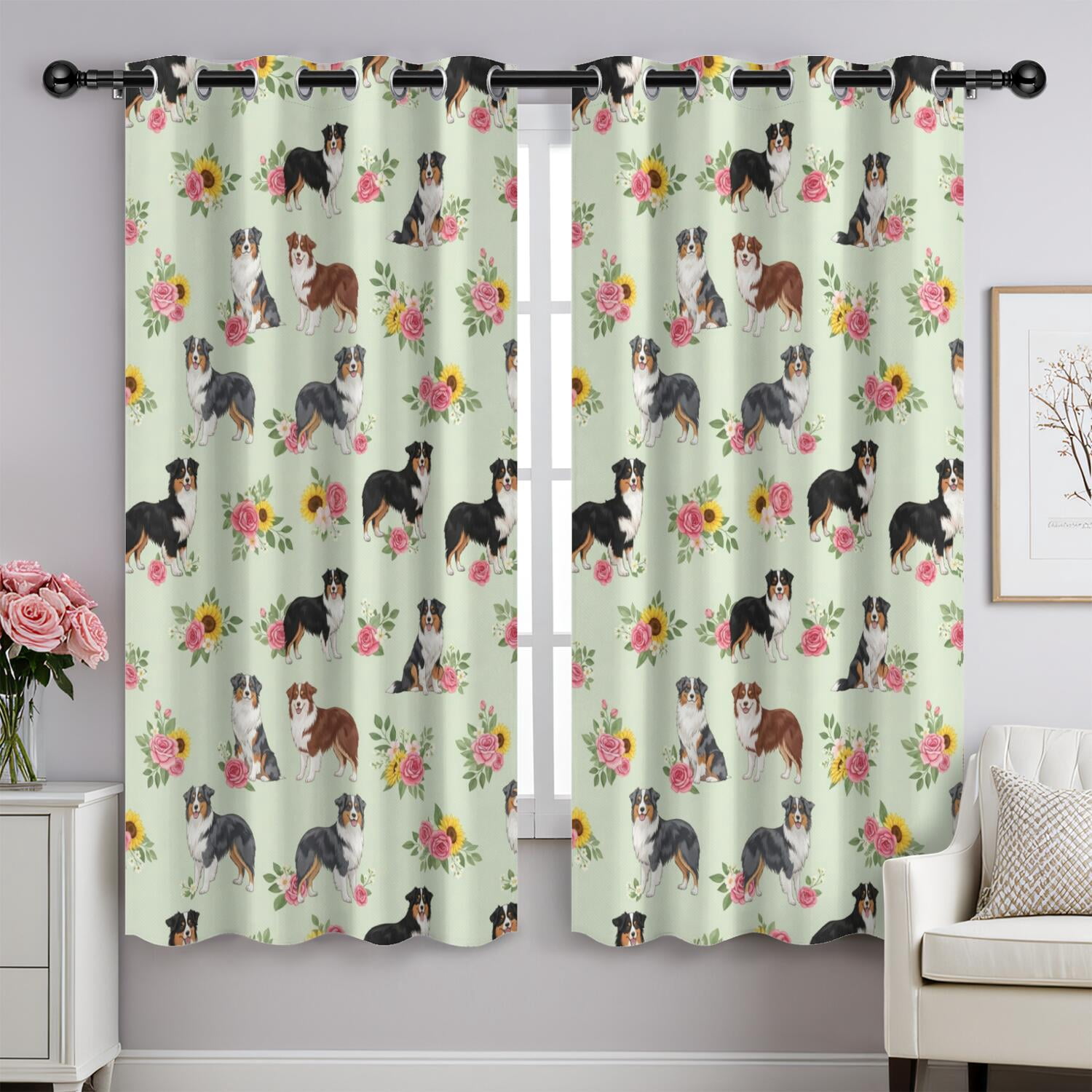 Australian Shepherd and Floral Blackout Curtains,Triple Weaved Fabric ...