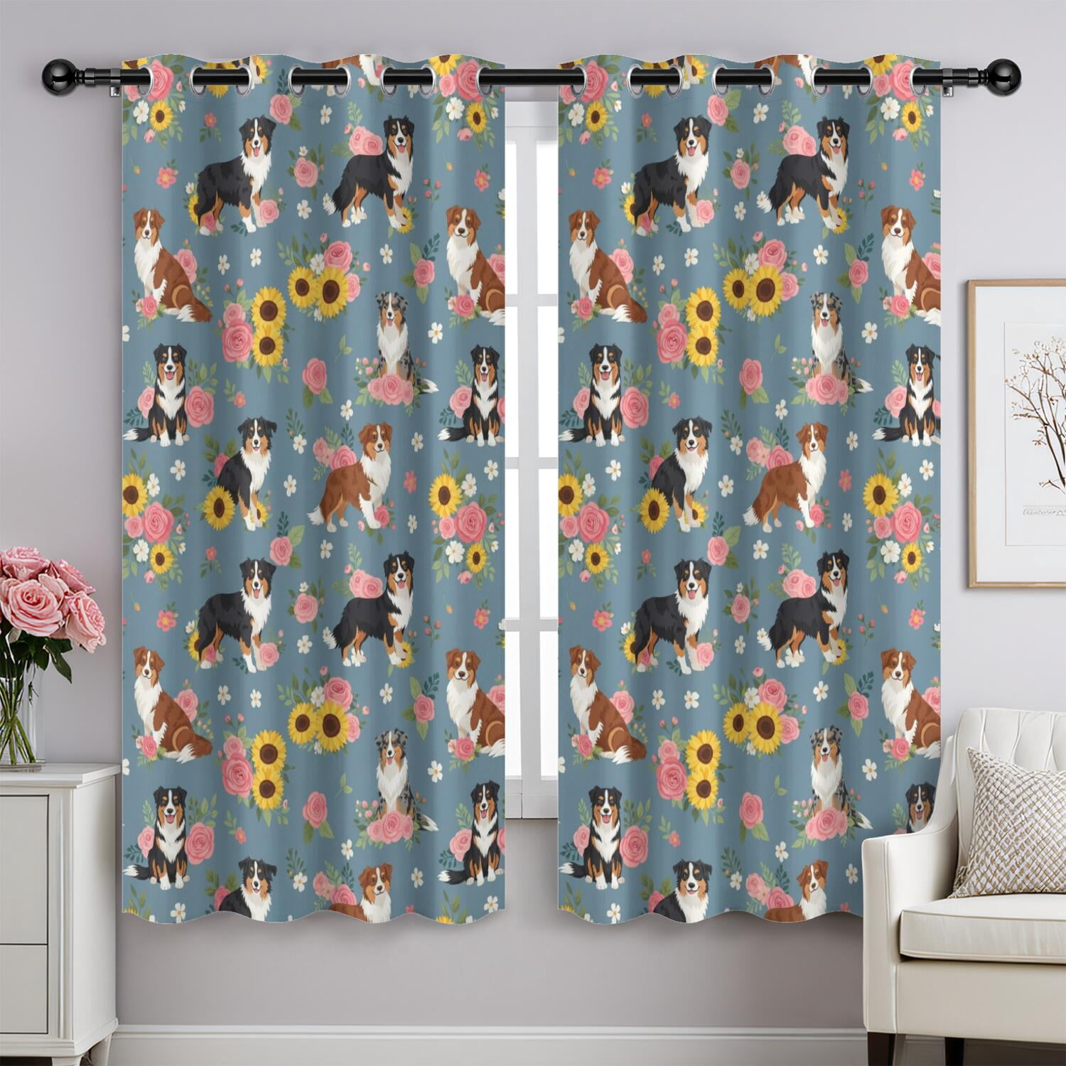 Australian Shepherd and Floral Blackout Curtains,Triple Weaved Fabric ...