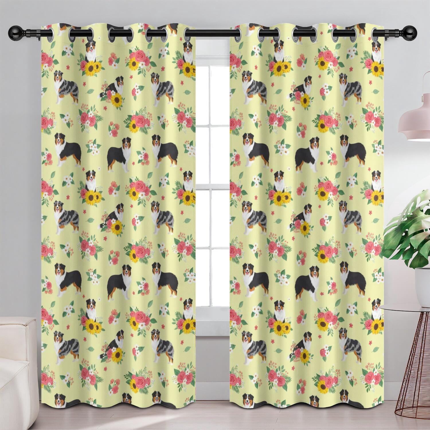 Australian Shepherd and Floral Blackout Curtains,Triple Weaved Fabric ...
