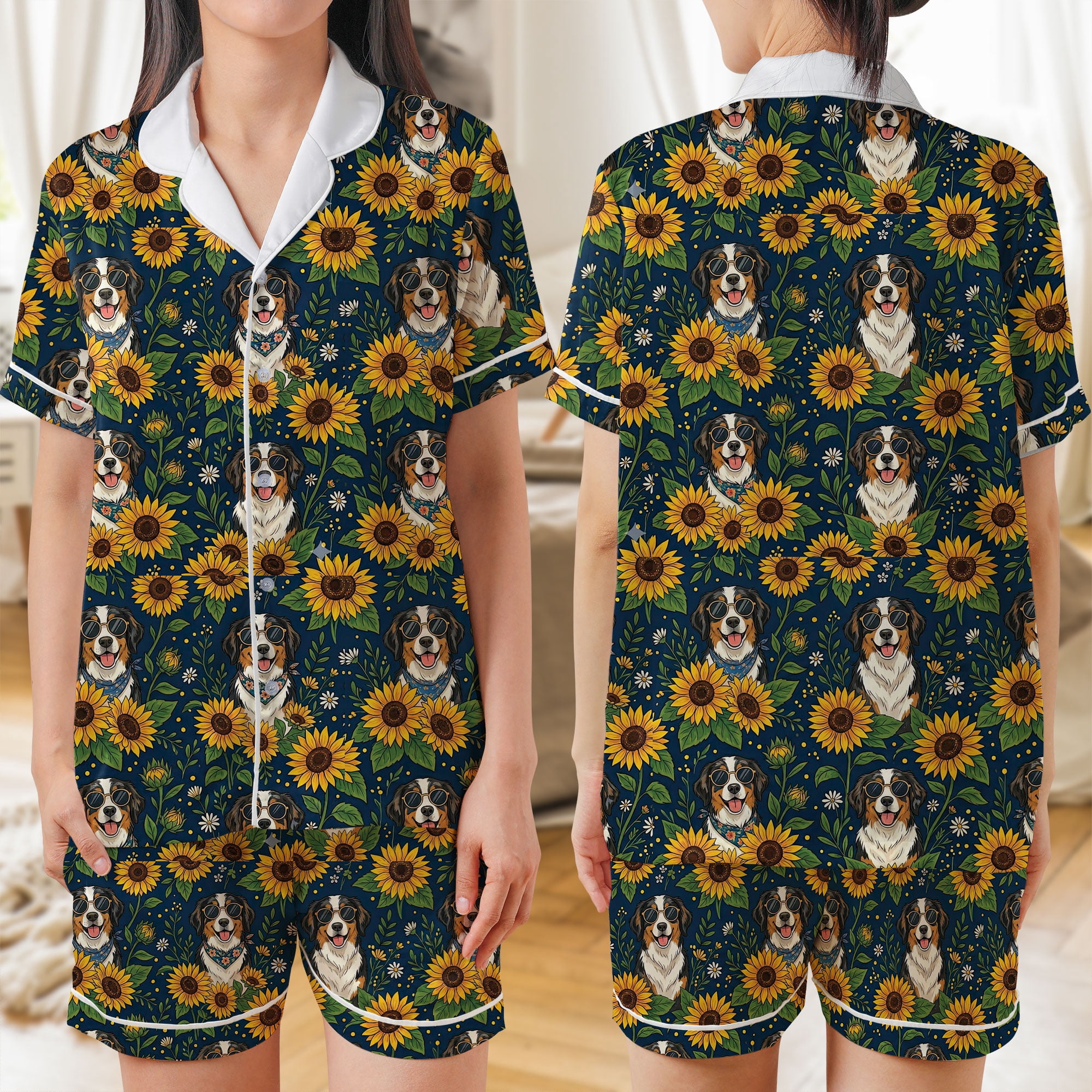 Australian Shepherd and Sunflower All-Over Print Satin Short Sleeve ...