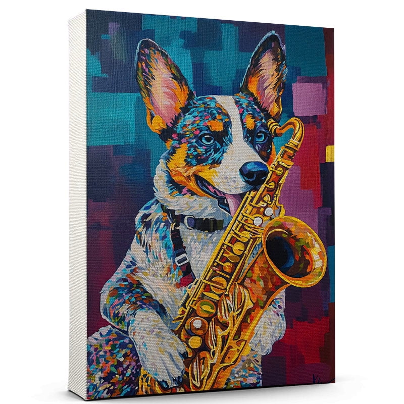 Australian Stumpy Tail Cattle Dog Playing Saxophone Stretched Canvas ...