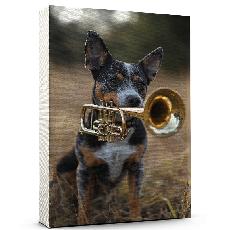Australian Stumpy Tail Cattle Dog Playing Trumpet Stretched Canvas Size ...