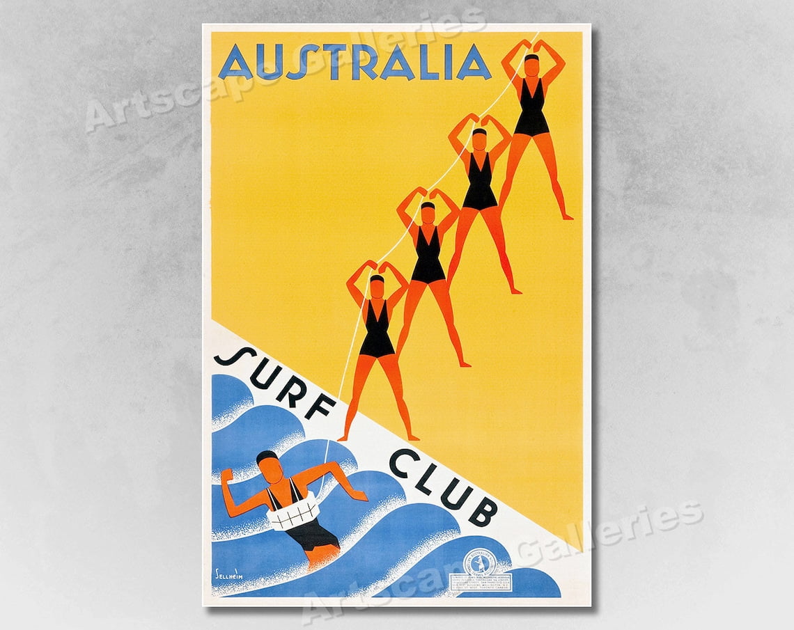 Australian Surf Club 1930s Vintage Style Travel, Stretched Canvas ...