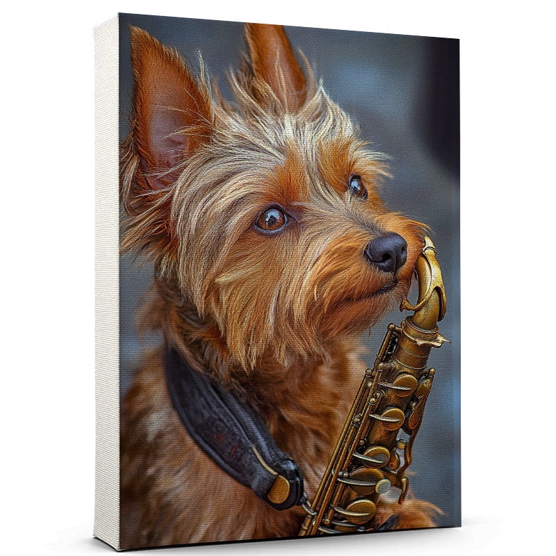 Australian Terrier Dog Playing Saxophone Stretched Canvas Size 8x12 ...