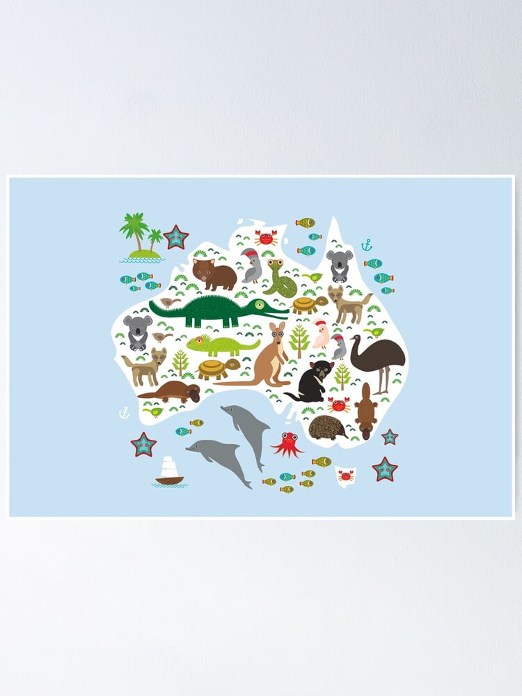 Australian animal map and ocean Canvas Poster Decor Landscape Office ...