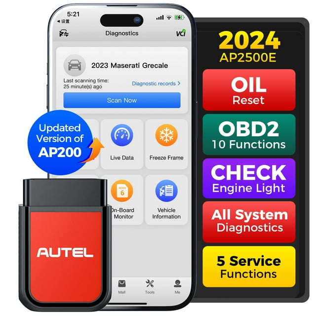 Autel AP2500E Portable Bluetooth Code Reader OBDII Full Tests Scanner ...