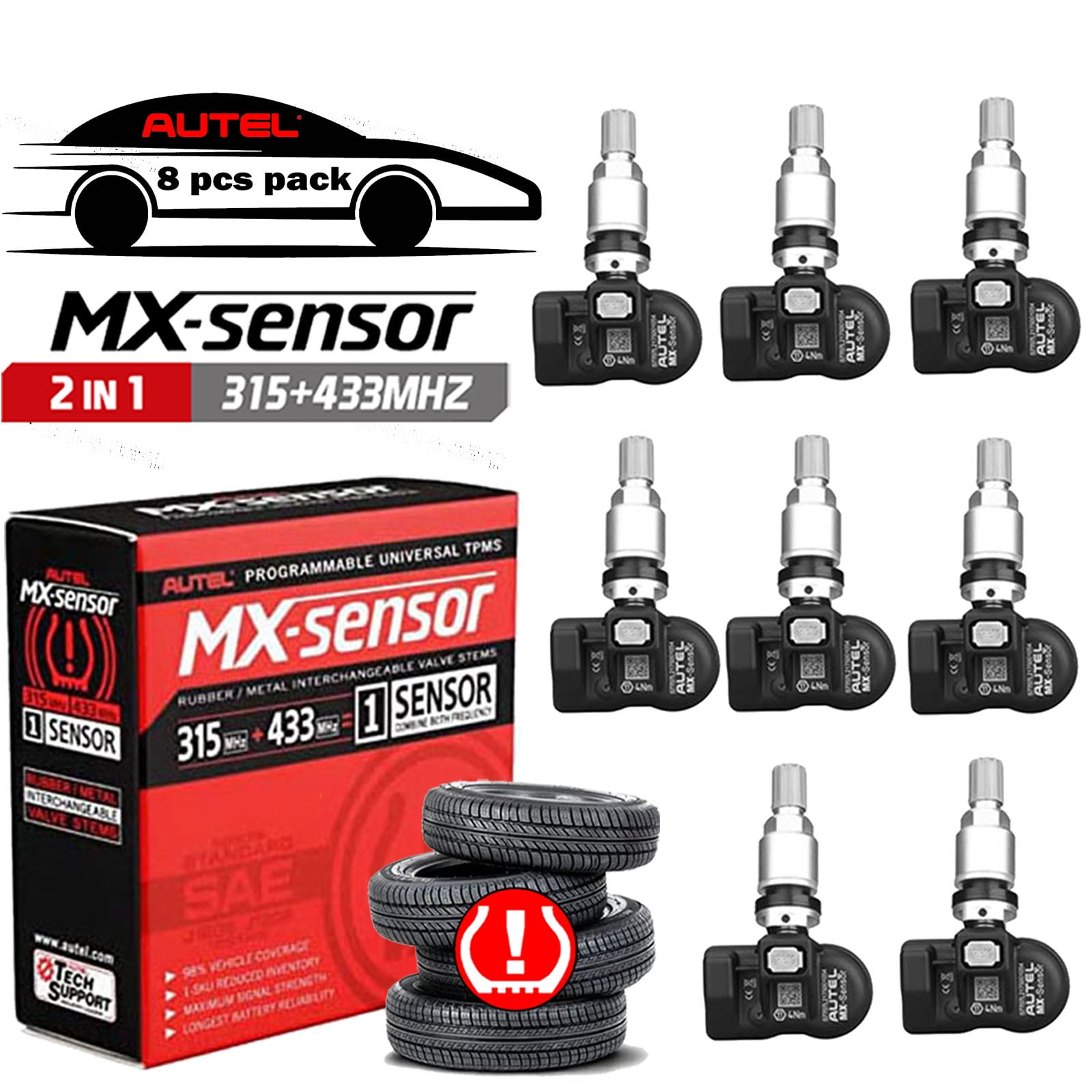 Autel MaxiTPMS MX 8pcs Tire Sensor with OBD, Dual Frequency 315MHz&433MHz, Programmable by TS508 ...