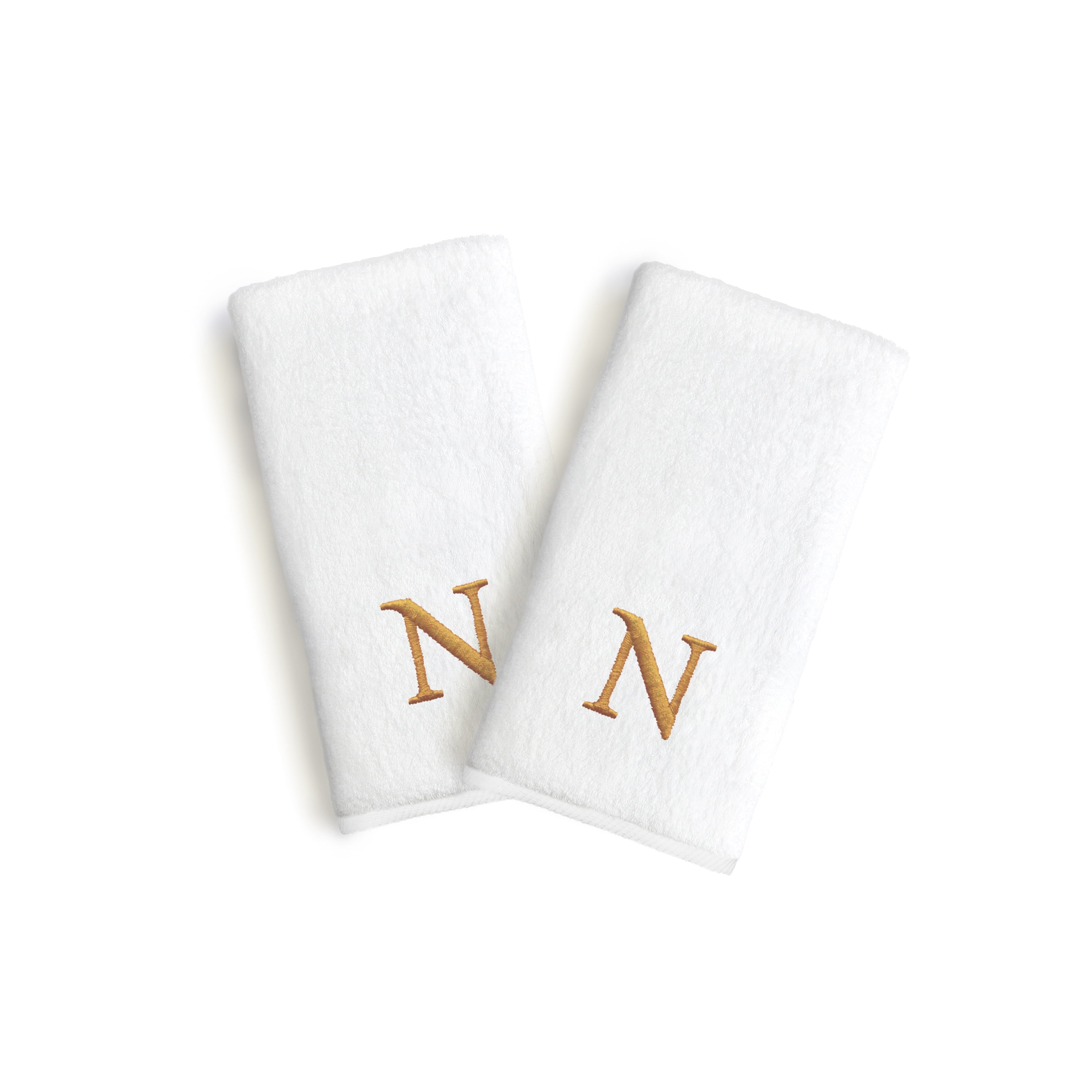 Authentic Hotel and Spa 2-piece White Turkish Cotton Hand Towels with Gold Block Monogrammed ...
