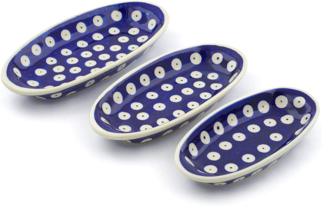 Authentic Polish Pottery Condiment set of 3 nesting dishes: 7¼-inch, 6½ ...