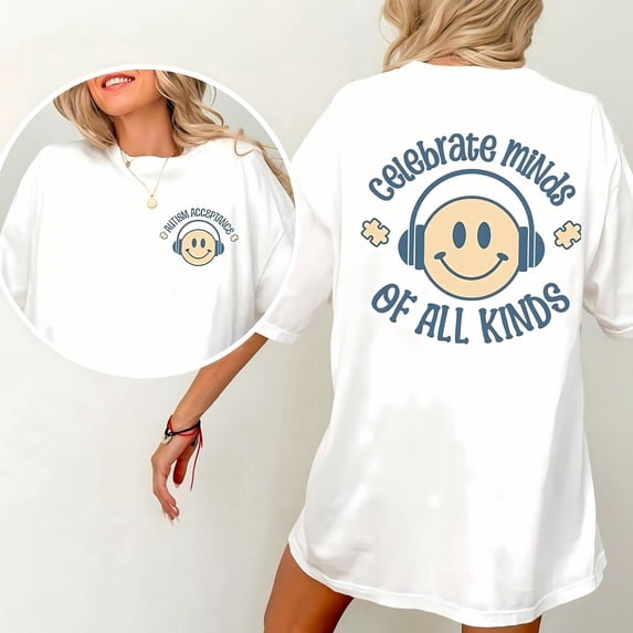 Autism Acceptance Double-sided Printed T-shirt with Smiley Face Print ...