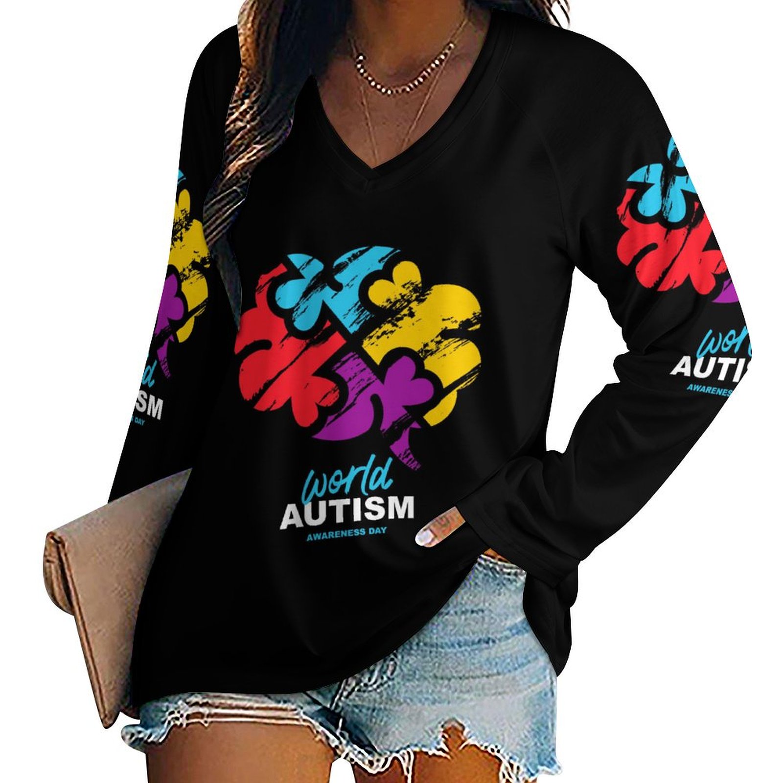 Autism Acceptance Week Women's Long Sleeve Shirts Casual V Neck Tops ...