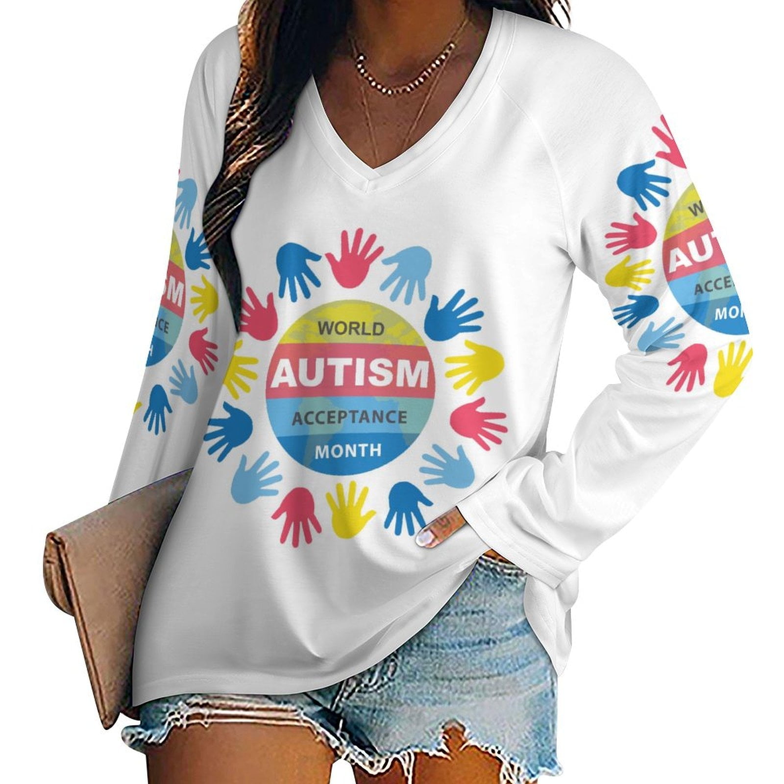 Autism Acceptance Week Women's Long Sleeve Shirts Casual V Neck Tops ...