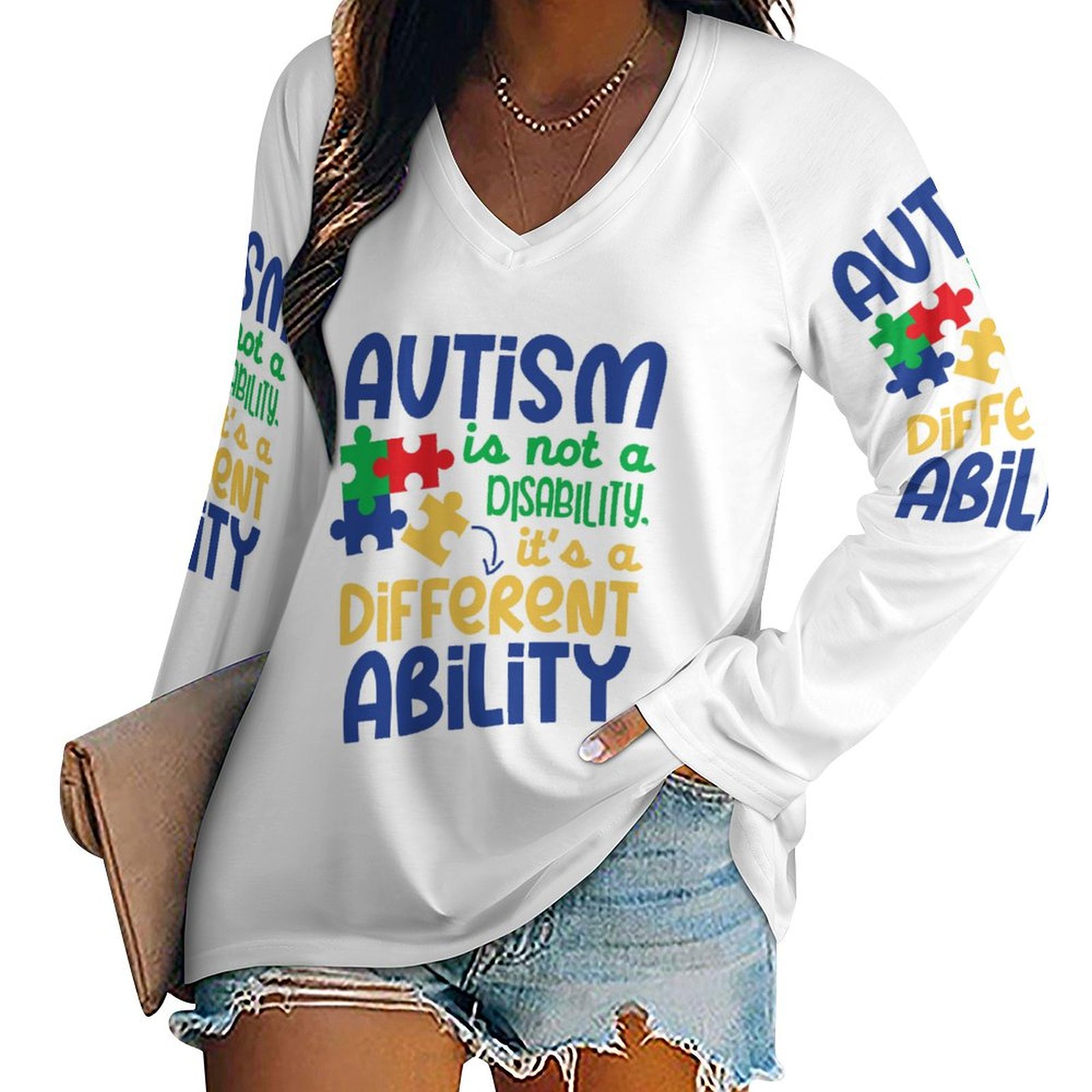 Autism Acceptance Week Women's Long Sleeve Shirts Casual V Neck Tops ...