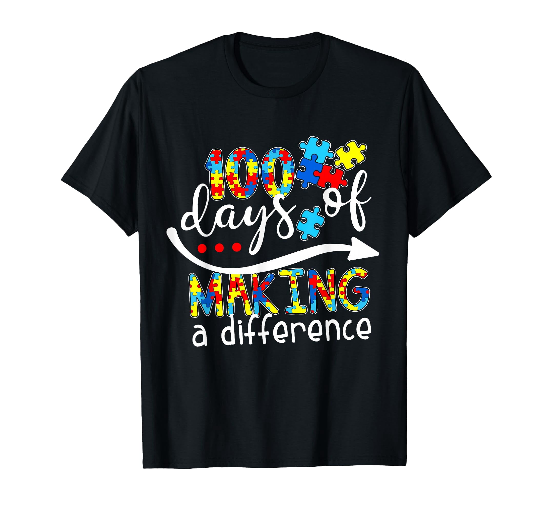 Autism Awareness 100th Day of School T-Shirt - Colorful Puzzle Pieces ...