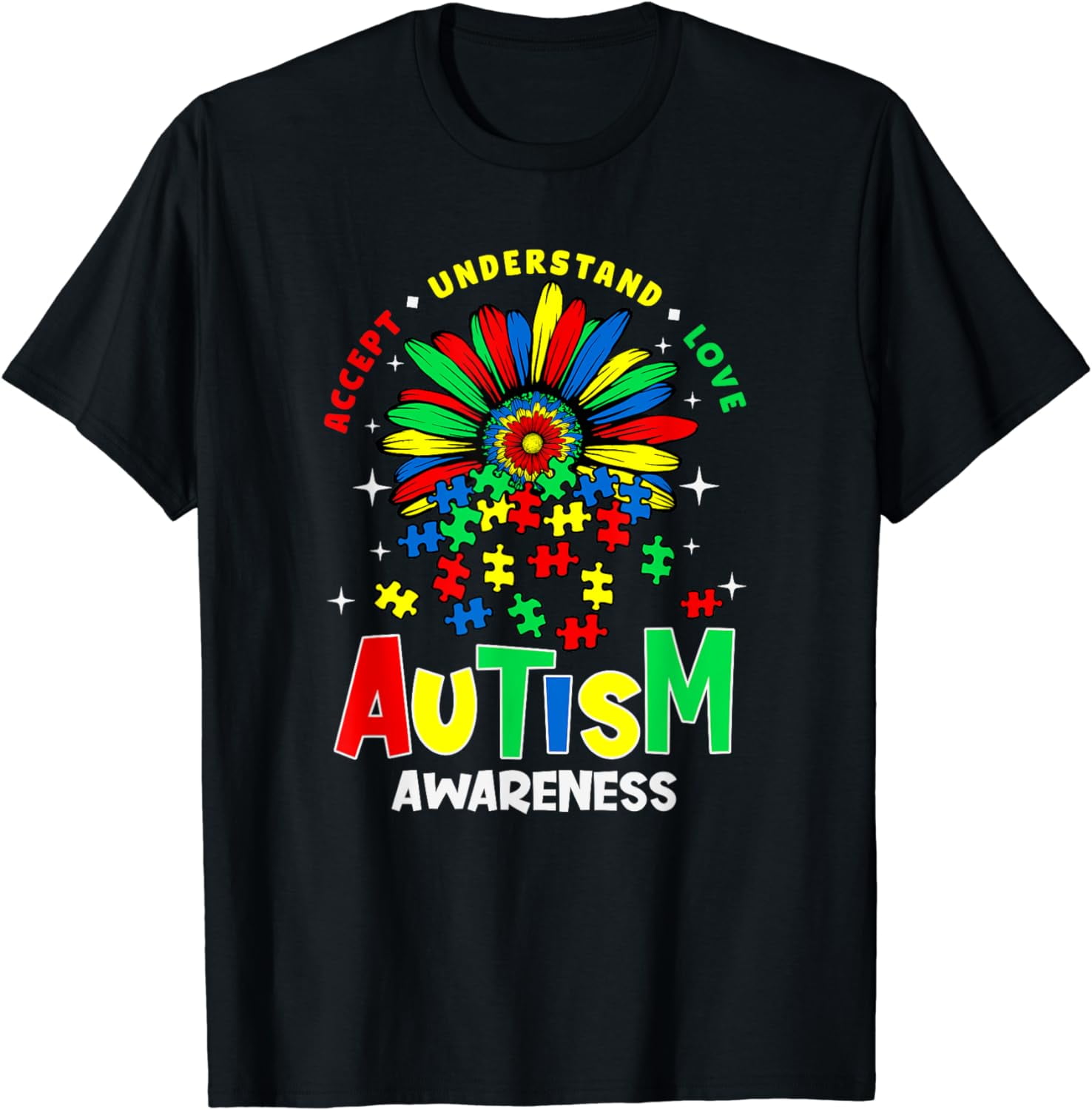 Autism Awareness Accept Understand Love ASD Rainbow Flower T-Shirt ...