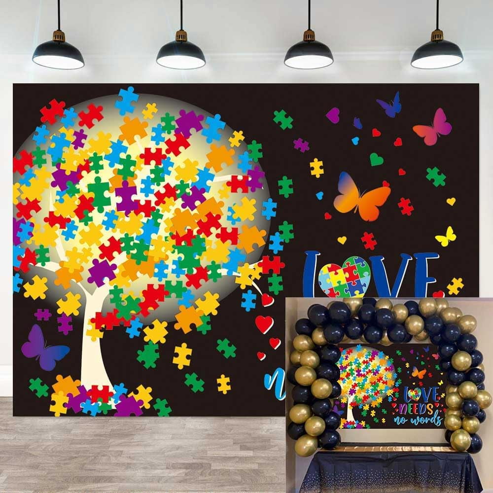 Autism Awareness Backdrop Color Butterfly Light Tree Puzzle Love Needs ...