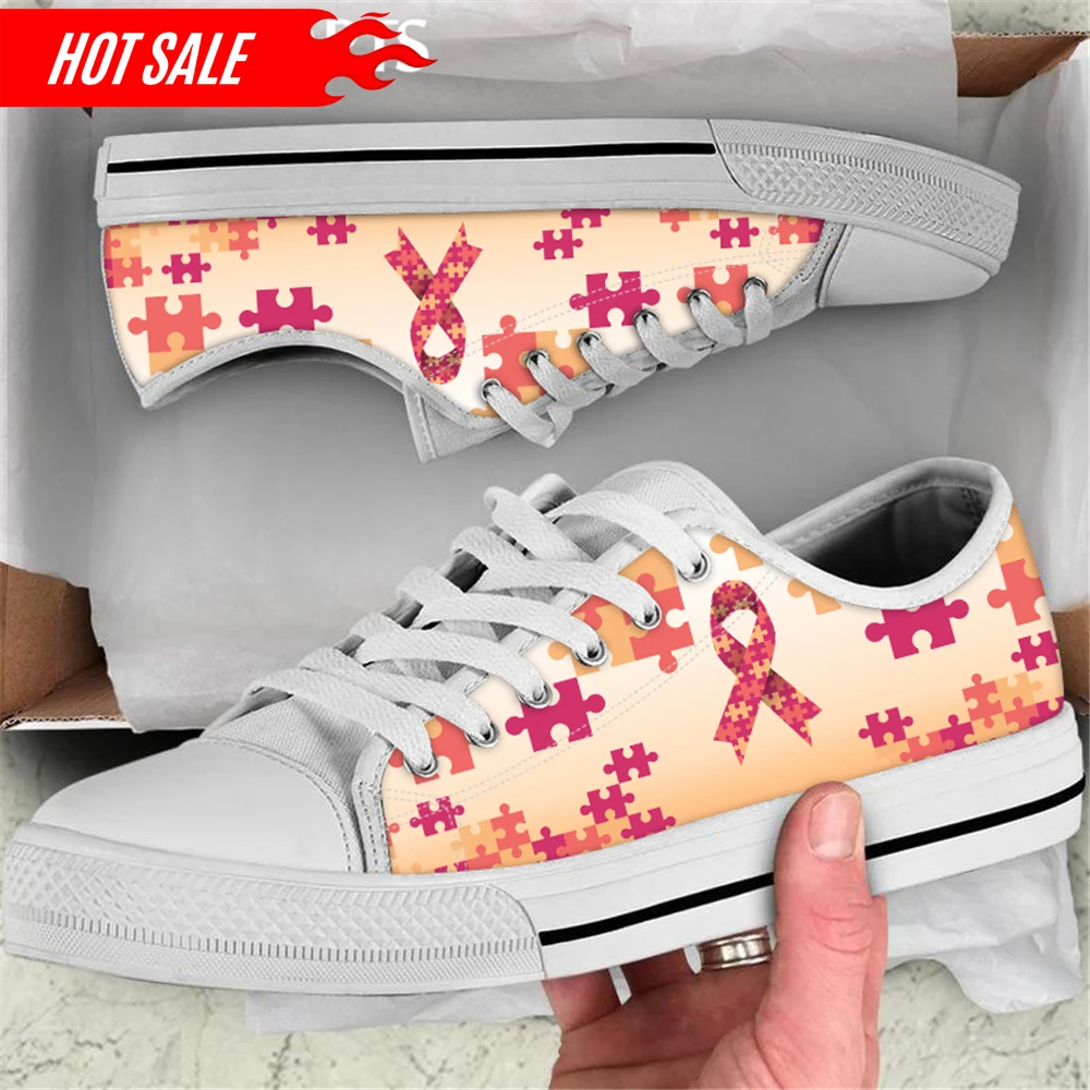 Autism Awareness Canvas Flat Shoes Pink Ribbon Design Women's Low Top ...