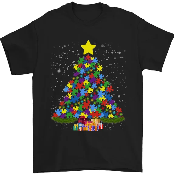 Autism Awareness Christmas Tree Puzzle Piece Holiday Support Unisex T ...