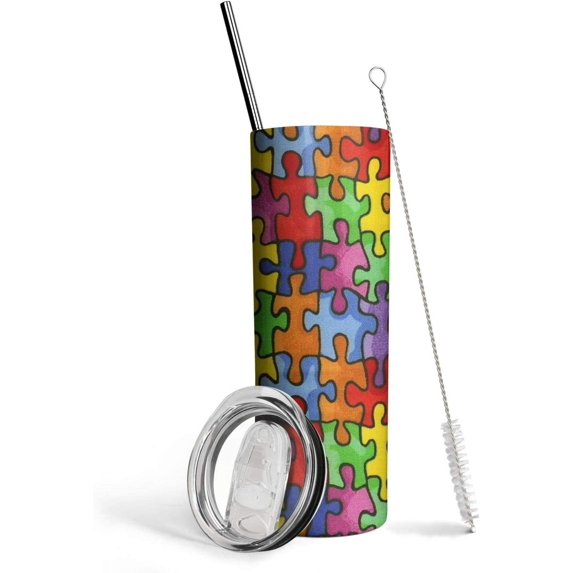 Autism Awareness Colorful Puzzle Piece Cup with Straw 20Oz Tumbler with ...