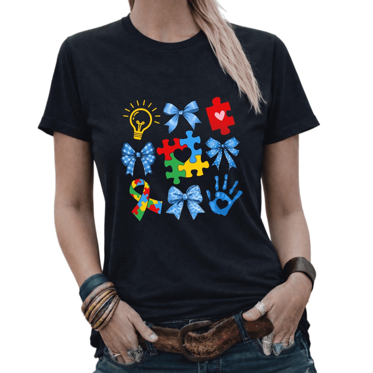 Autism Awareness Coquette Bows Puzzle Piece Graphic Tees Womans Tshirt ...