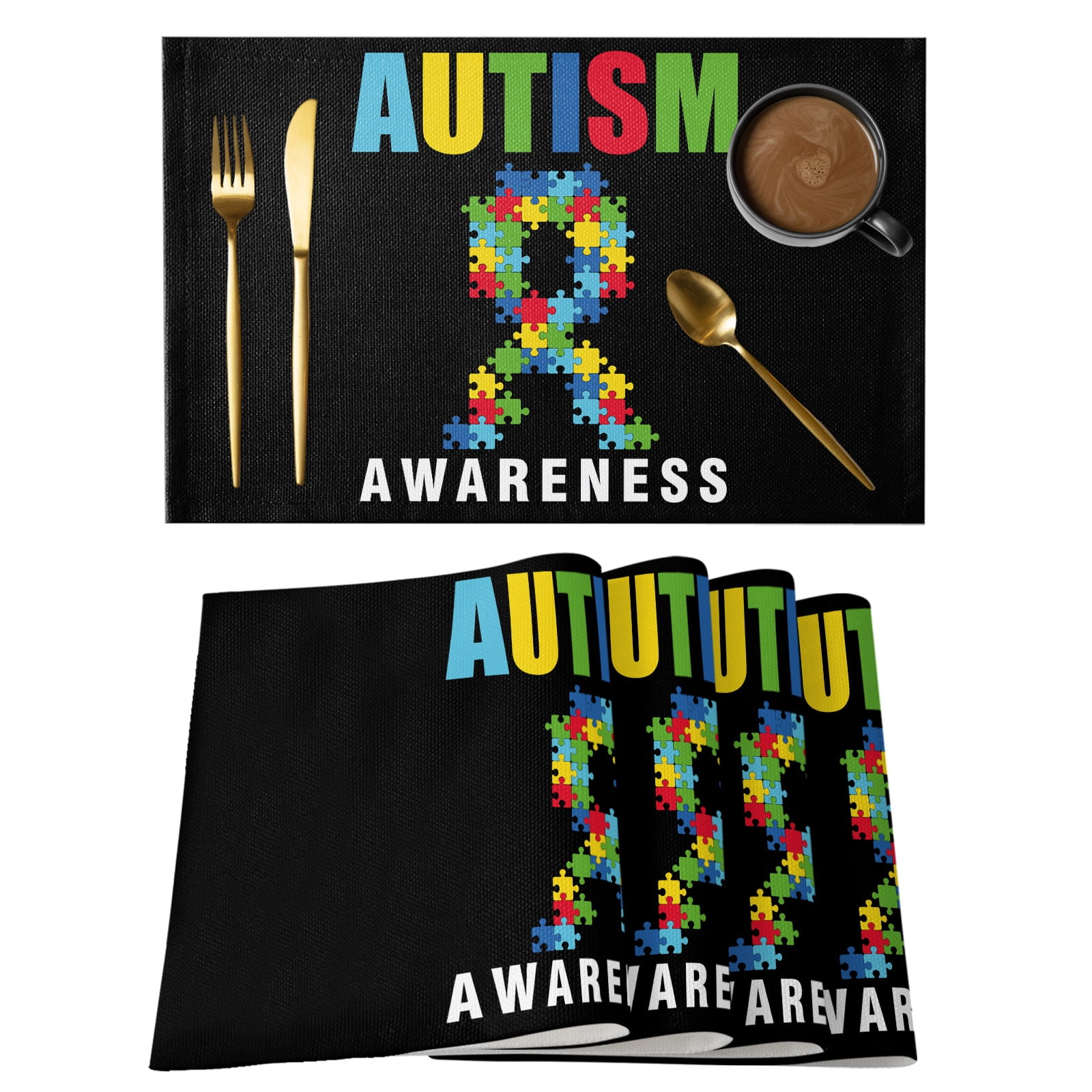 Autism Awareness Cotton Linen Placemats Set of 12, Colorful Blocks ...