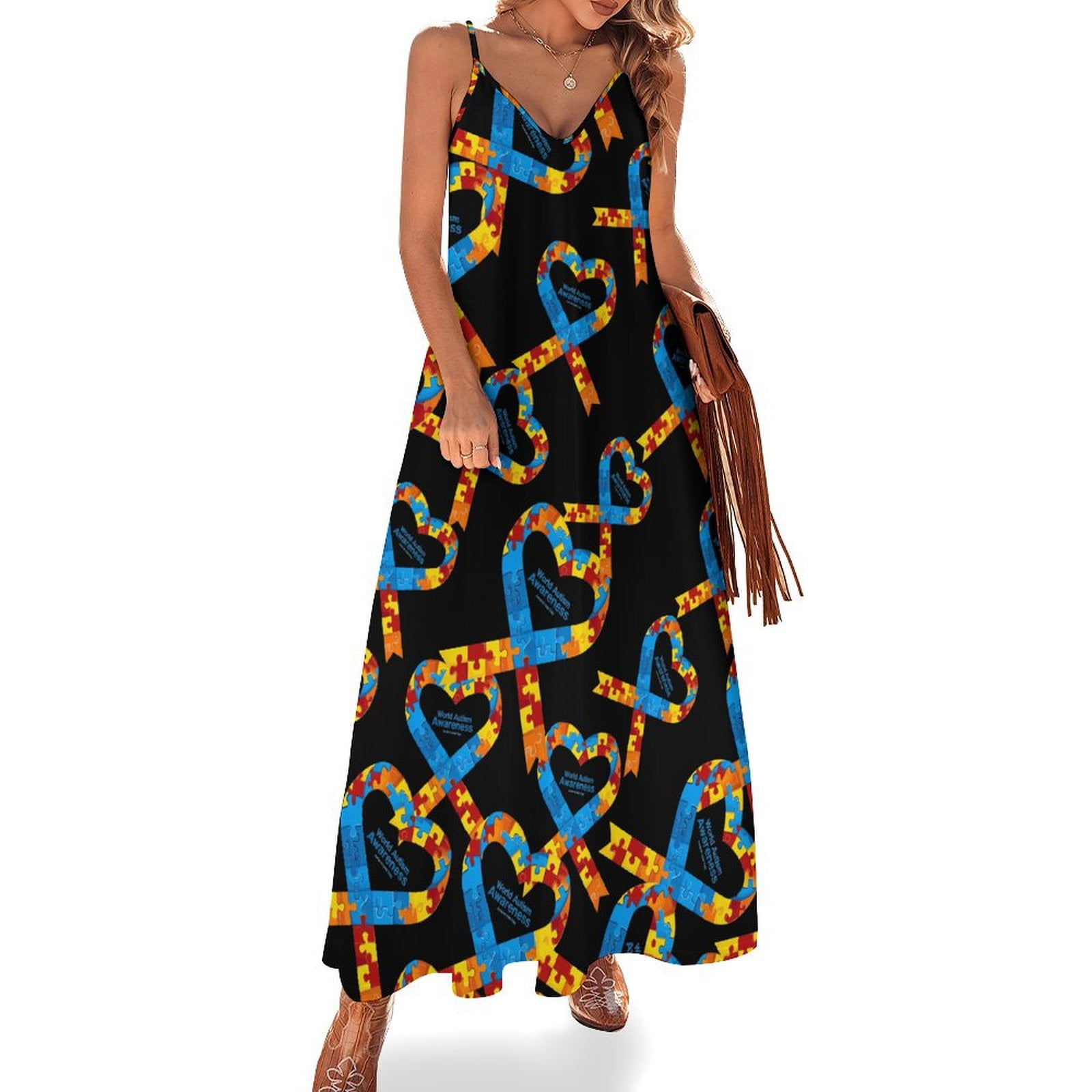 Autism Awareness Day Women's Maxi Dress Spaghetti Strap Bohemian Long ...