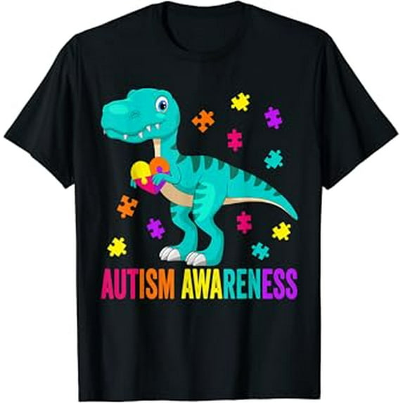 Autism Awareness Dinosaur Colorful Autism Puzzle Pieces T-Shirt ...