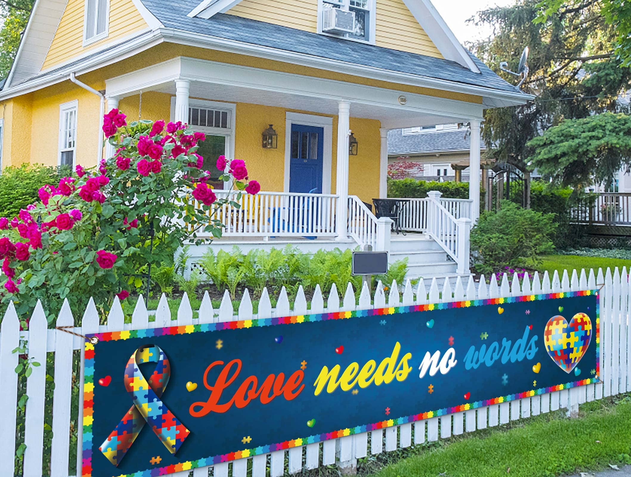 Autism Awareness Fence Banner Love Needs No Words Decoration Puzzle ...