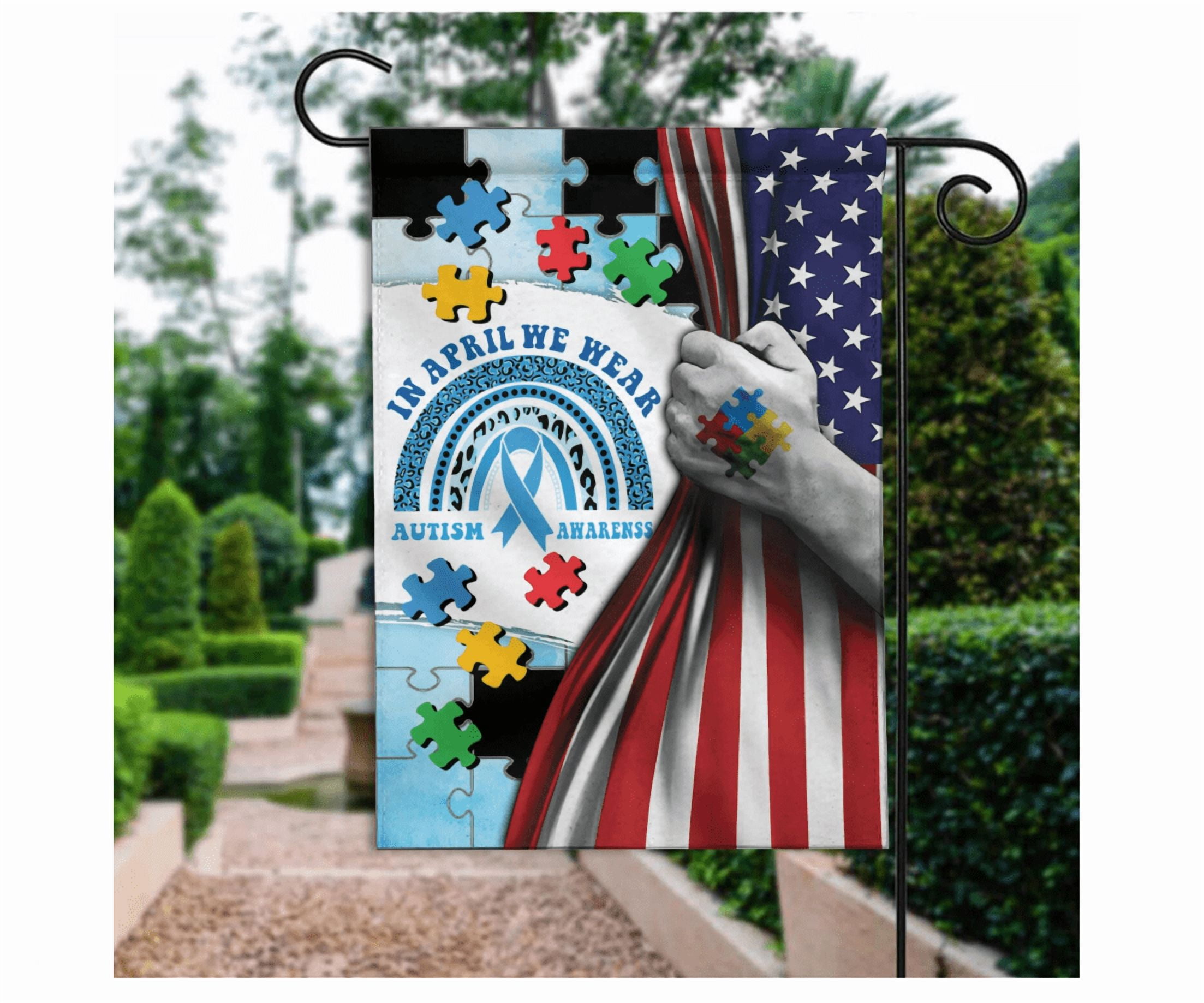 Autism Awareness Flag, Autism Puzzle Ribbon Flag, In April We Wear Blue ...