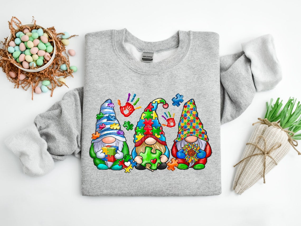 Autism Awareness Gnome Puzzle Piece Support Graphic Sweatshirt All size ...